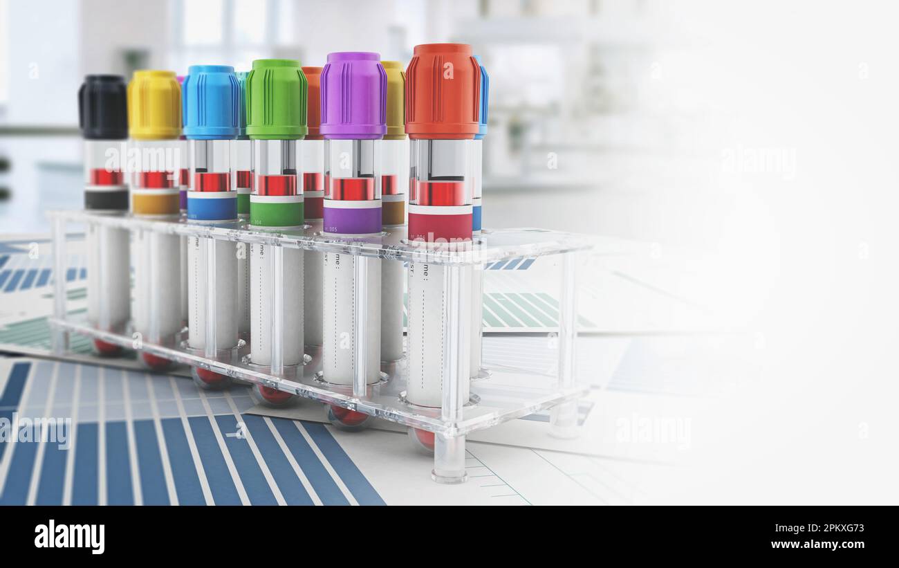 Blood vials with vibrant colored lids standing on medical forms. 3D ...
