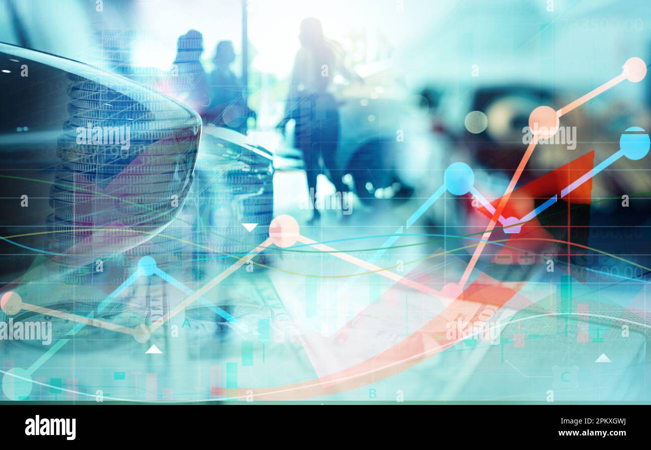 Stock market graph chart grow up trend on blur saleswoman and customer ...