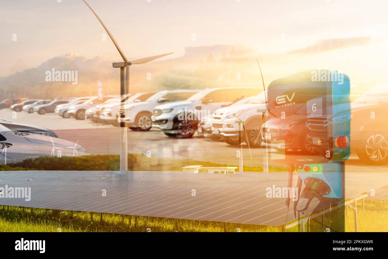 Sustainable energy for electric vehicle. EV car with electric vihicle ...