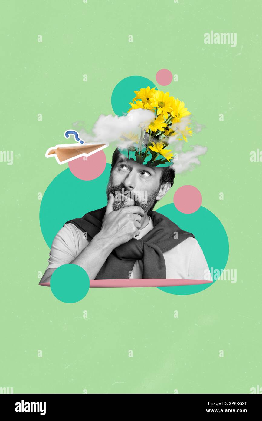 Collage artwork graphics picture of funky thoughtful guy flowers ...