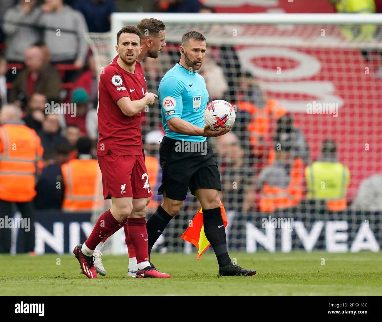 Liverpool, UK. 9th Apr, 2023. Assistant referee Constantine Hatzidakis ...