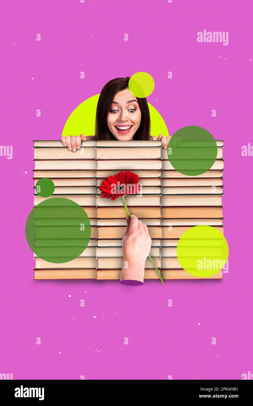 Creative retro 3d magazine collage image of excited lady hiding behind ...