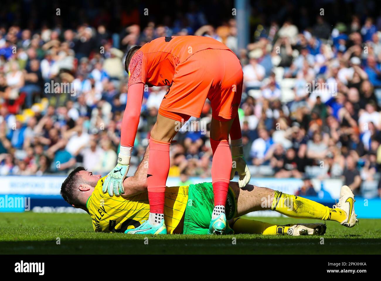 Norwich City goalkeeper Angus Gunn attends to injured team mate Grant ...