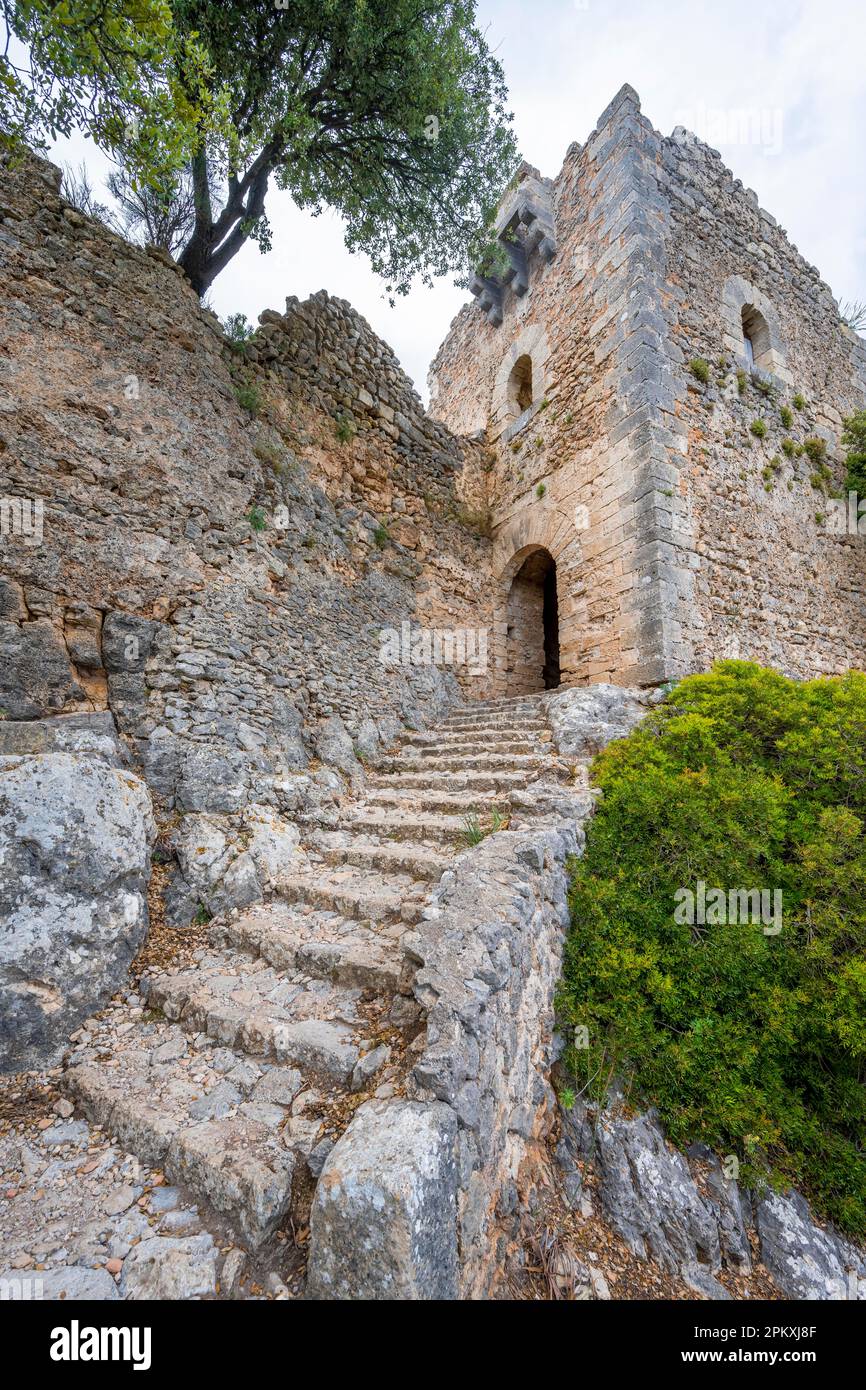 Stone steps and tower of the castle ruins Castell Alaro, Serra de ...