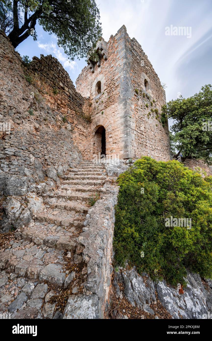 Stone steps and tower of the castle ruins Castell Alaro, Serra de ...