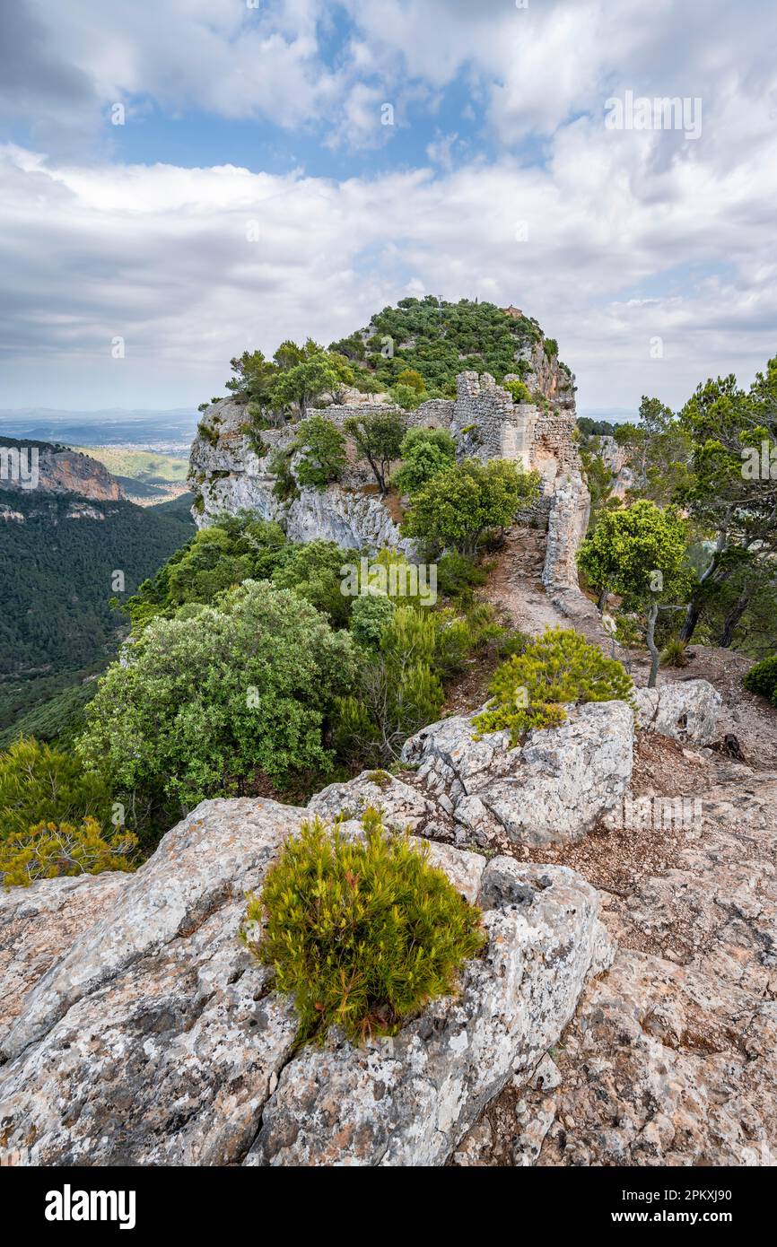 Old castle walls on mountain top, Castell Alaro castle ruins, Puig ...