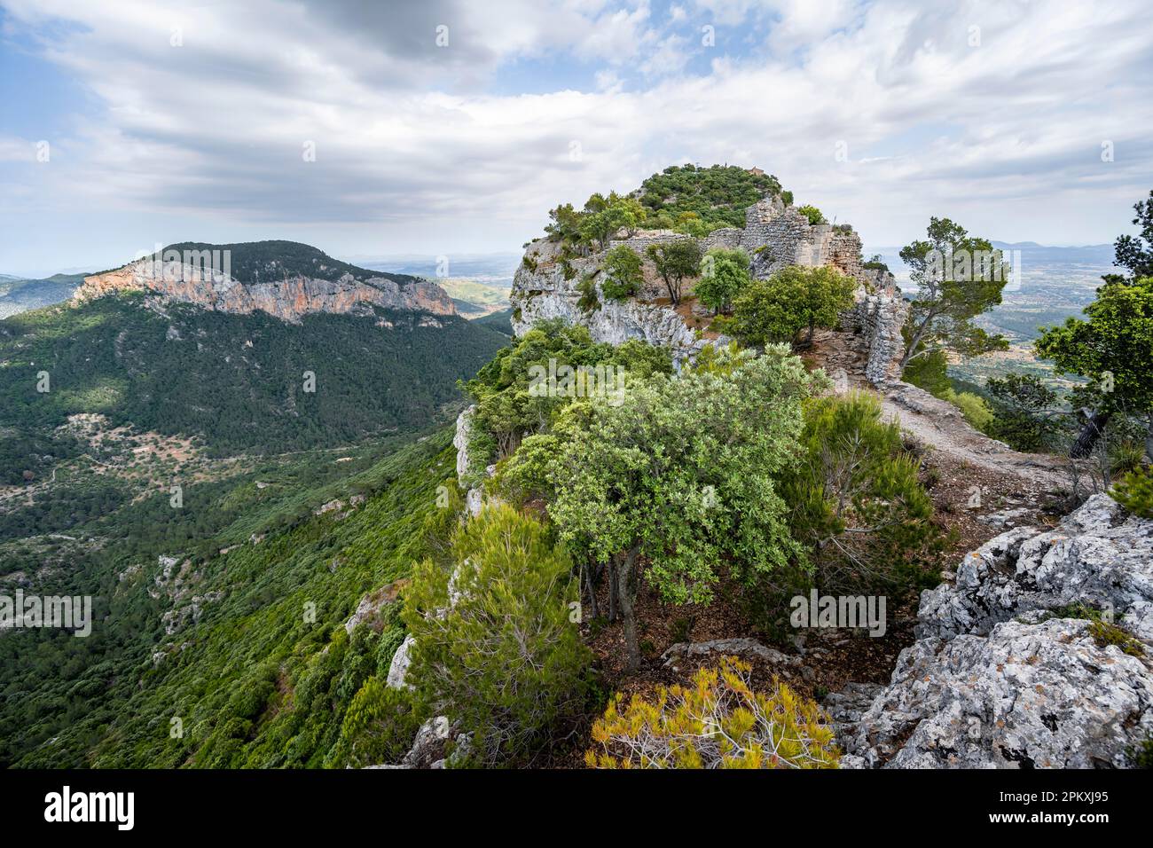 Old castle walls on mountain top, Castell Alaro castle ruins, Puig ...