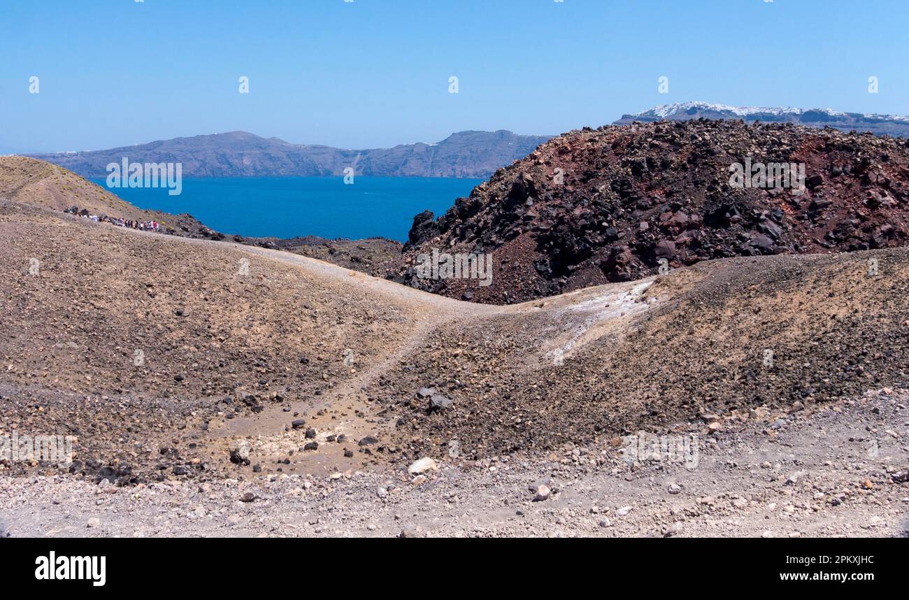 View of the caldera from the volcanic island of Nea Kameni, Santorini ...