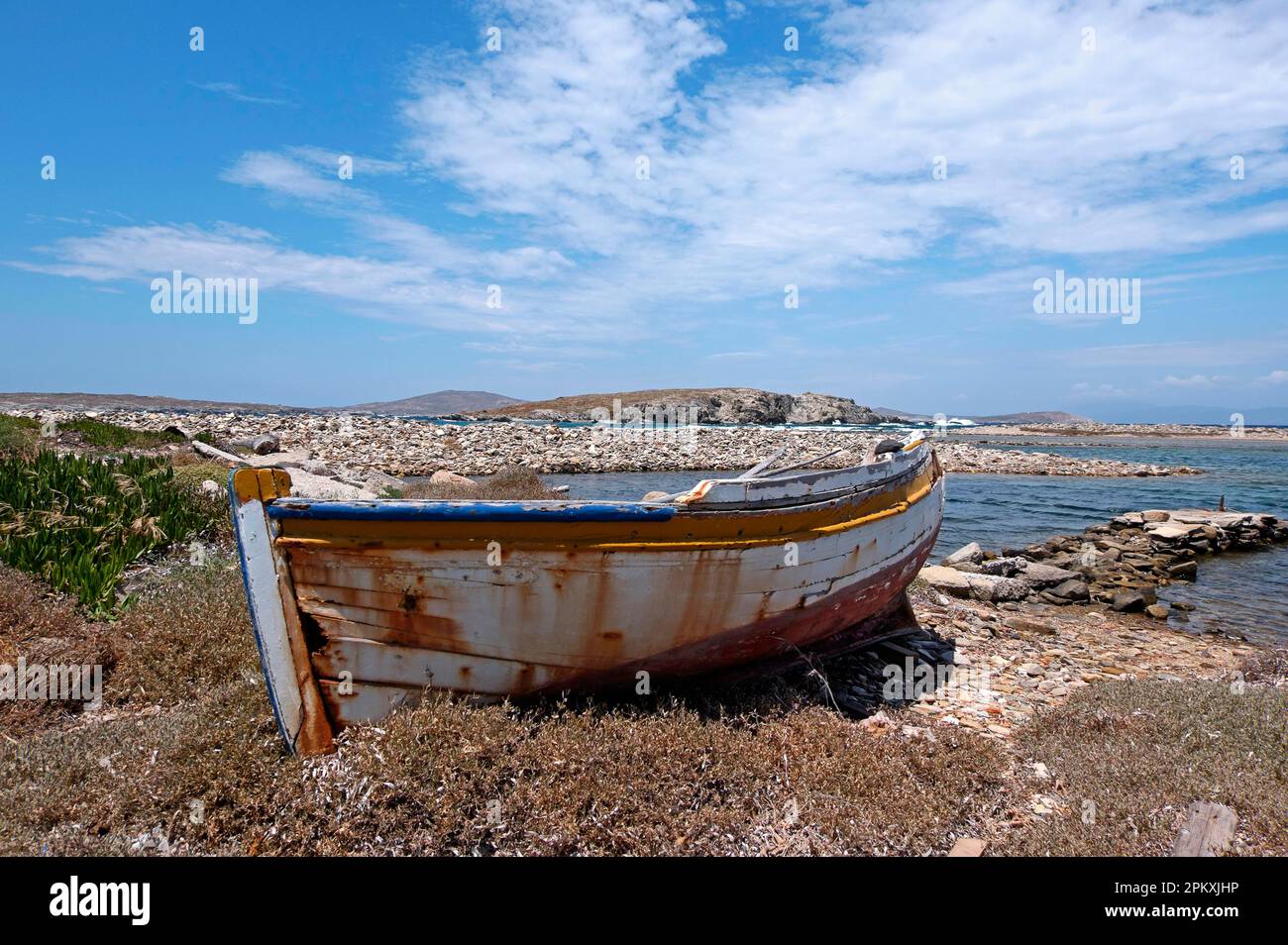 Old boat on the beach, Delos, Cyclades, Greece Stock Photo - Alamy