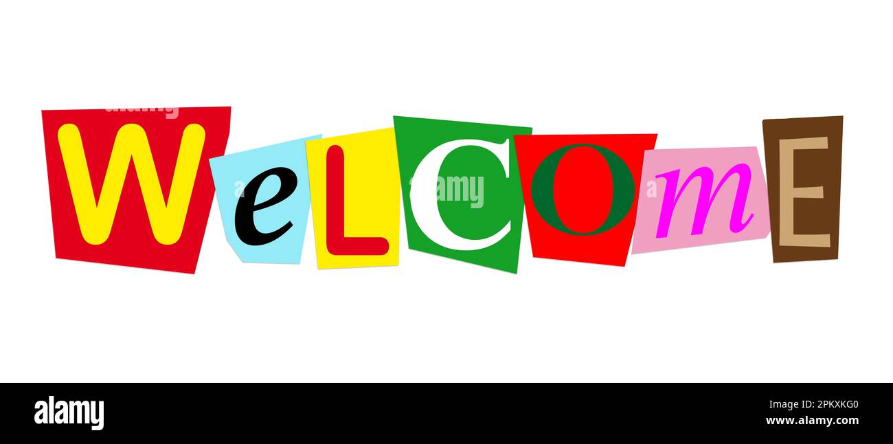 word welcome spelled with colorful overlapping cut out letters Stock ...