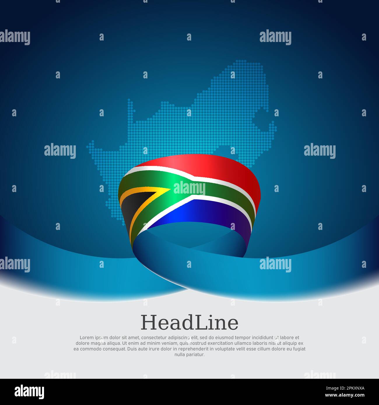 South africa flag, map on blue white background. Wavy ribbon with RSA ...
