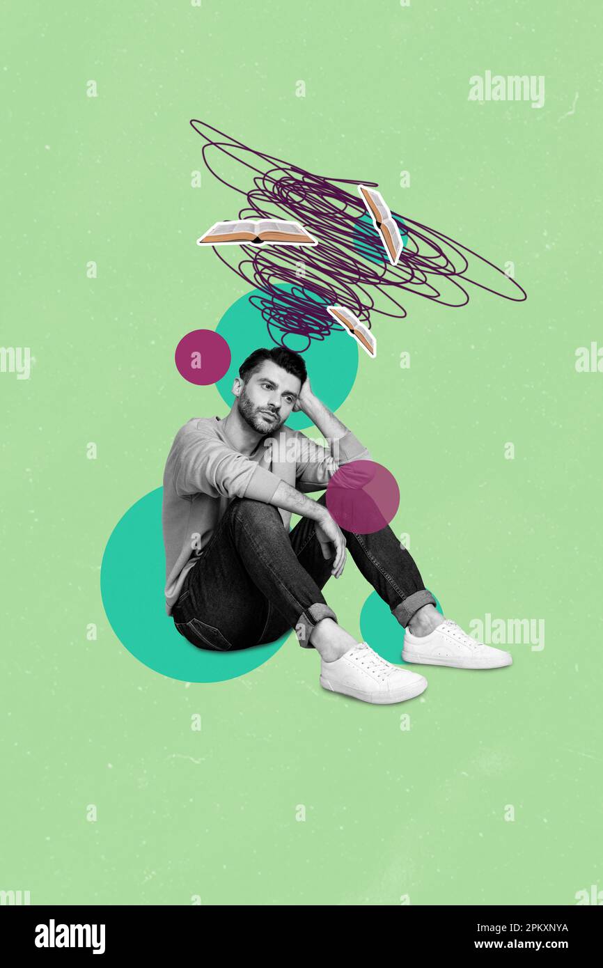 Photo collage artwork minimal picture of bored stressed guy thinking flying mind book isolated ...
