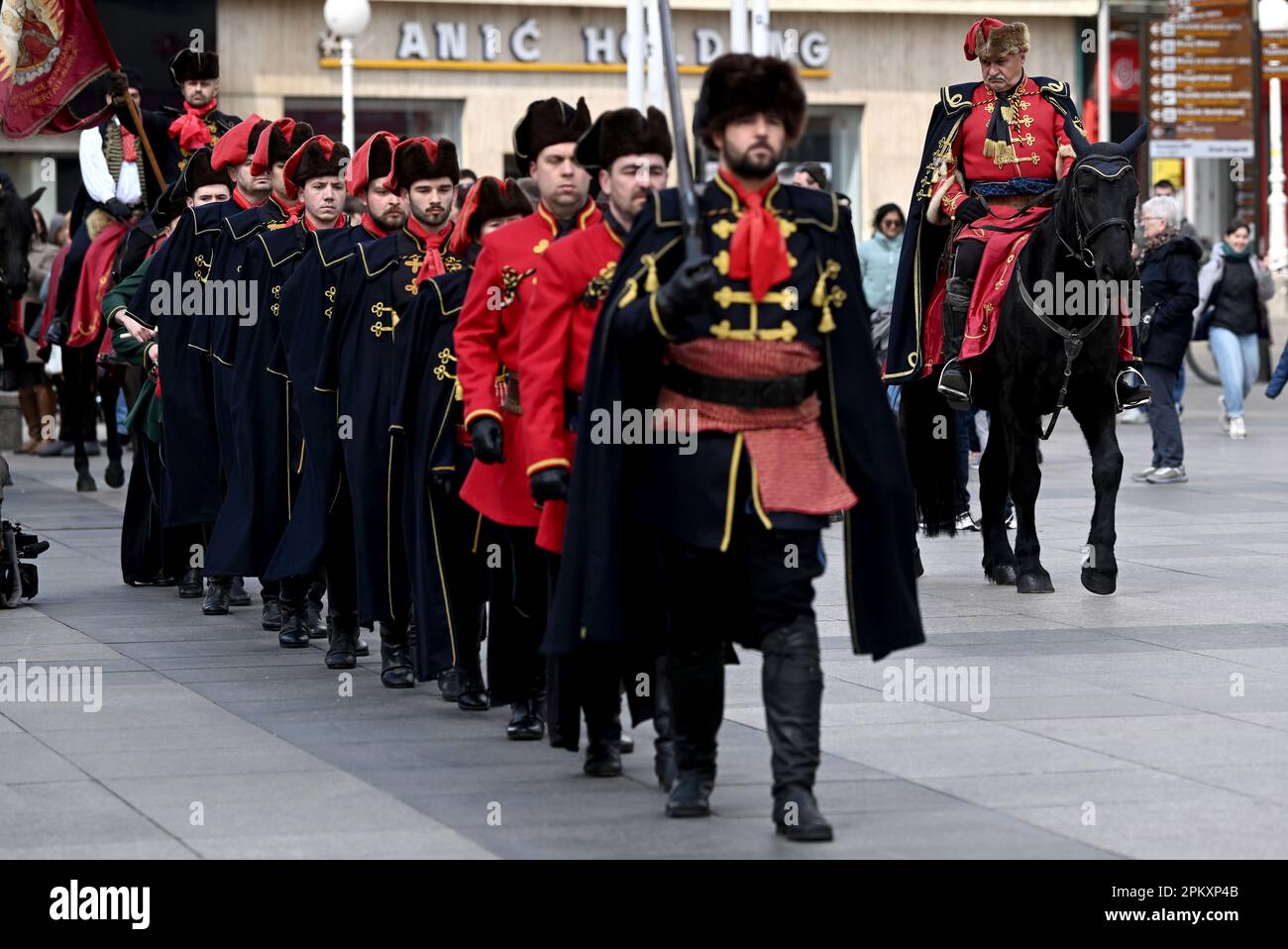 Soldiers of The Cravat Regiment in traditional military uniforms take ...