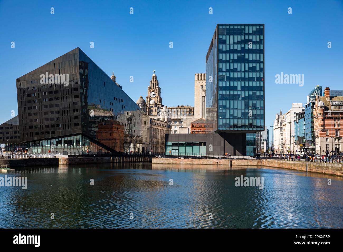 Clear blue sky over a Variety of buildings and Architecture which ...