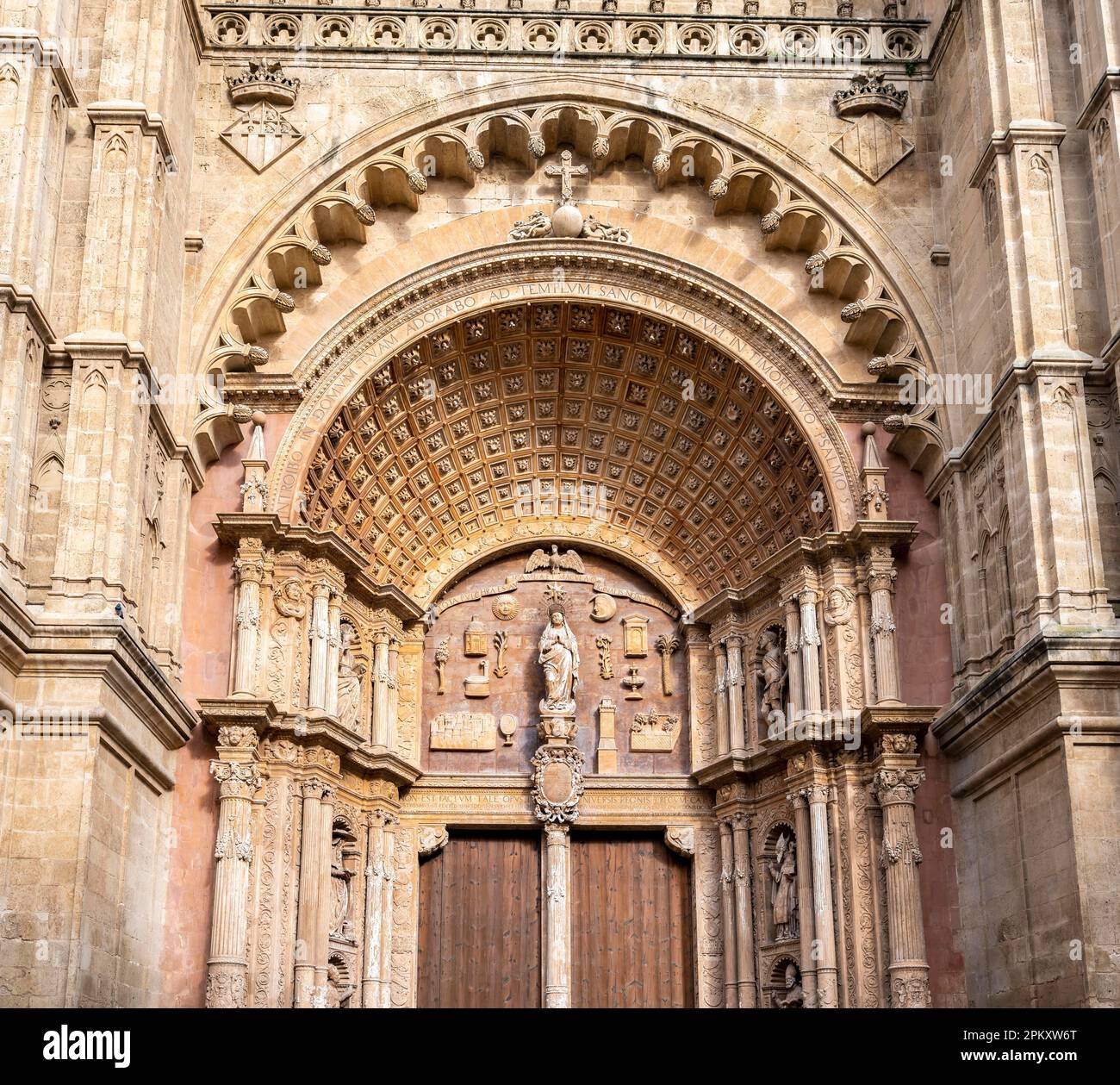 Ornate entrance gate, main facade, Palma Cathedral, Palma de Majorca ...
