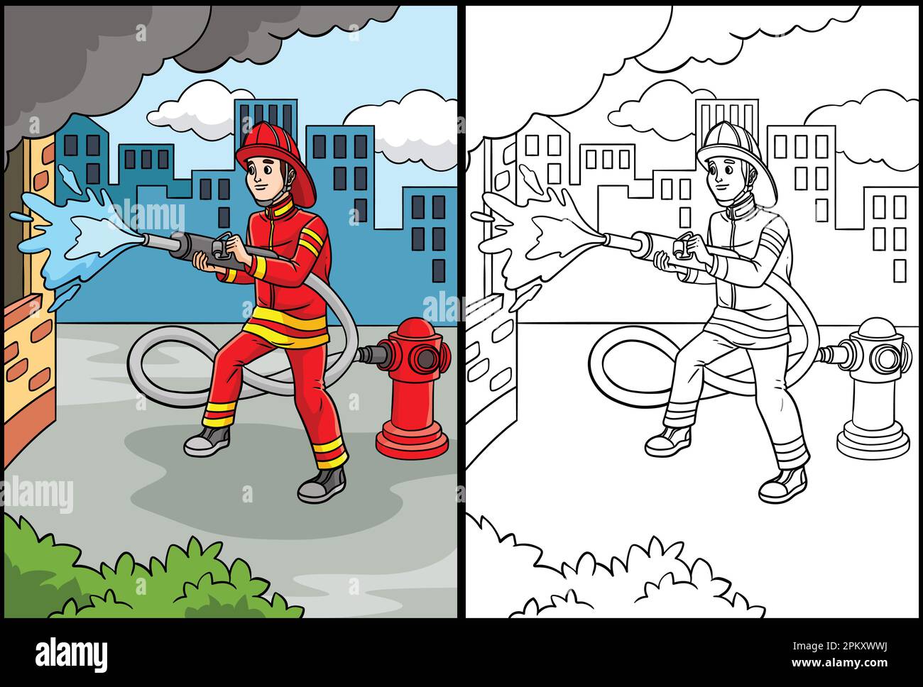 Firefighter Coloring Page Colored Illustration Stock Vector Image & Art ...