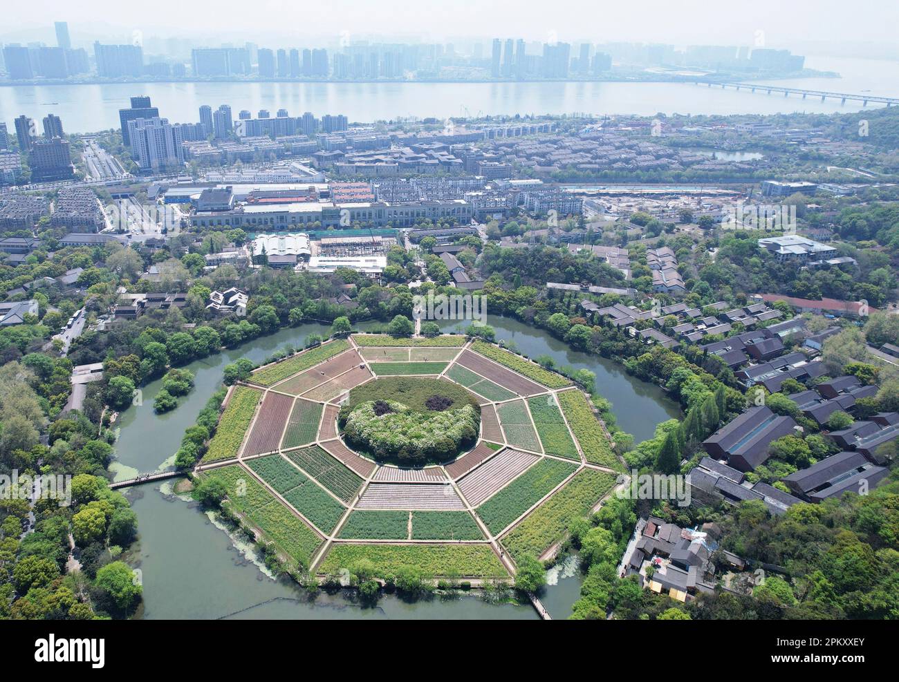 An aerial view of the Zhuge Bagua Filed, planted with different crops ...
