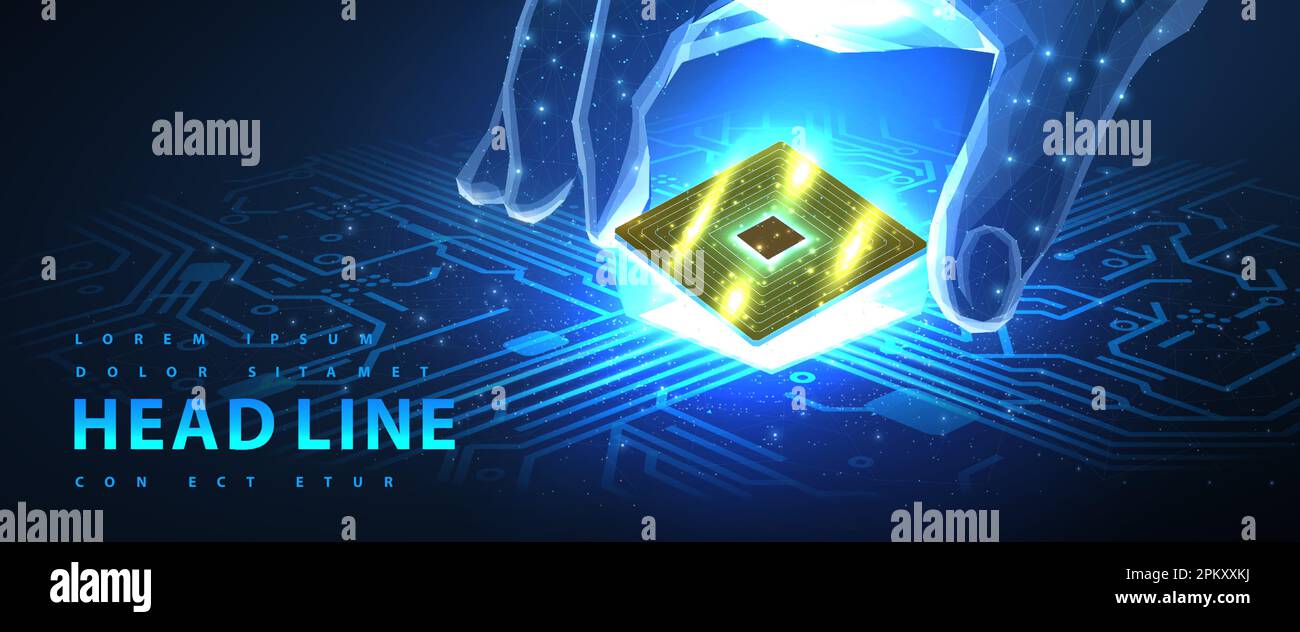 Computer chip. Microprocessor in digital hand on circuit board Stock ...