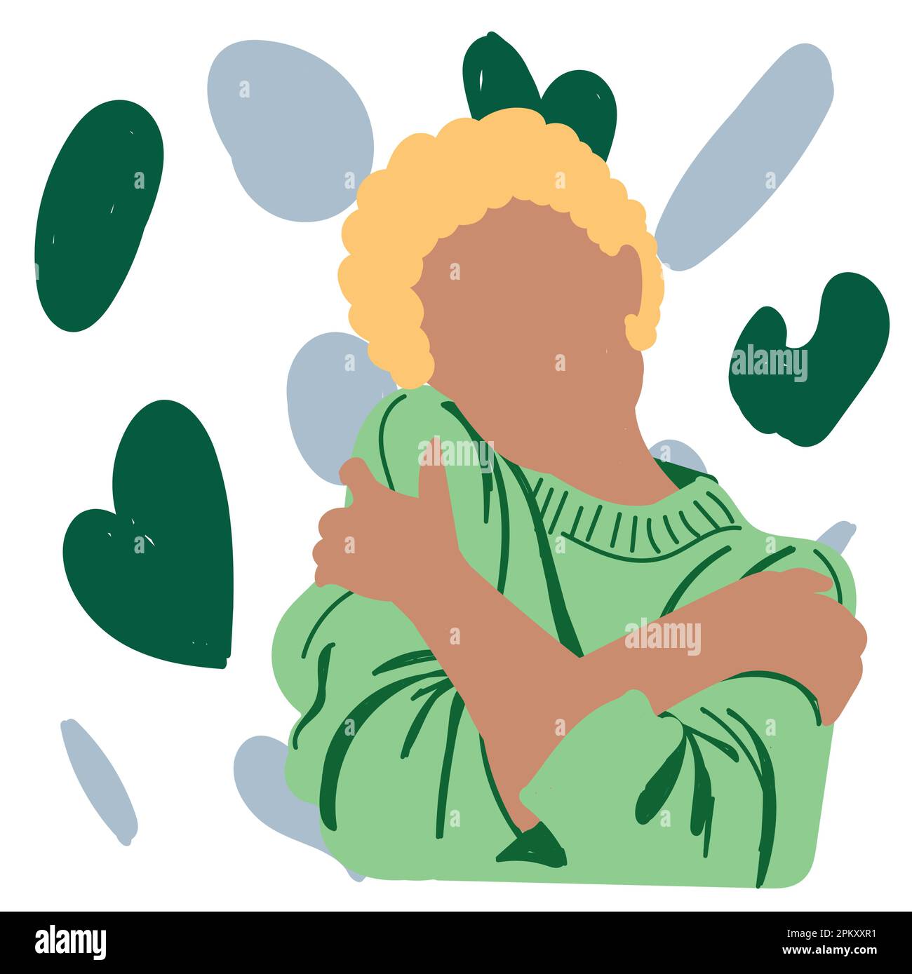 Woman Hugging Herself With Hearts On White Background Self Care