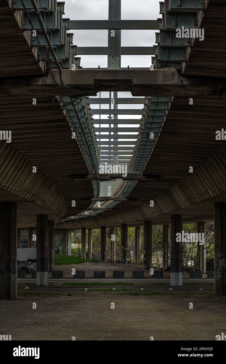 Brutalist architecture style example, low angle view of large concrete ...
