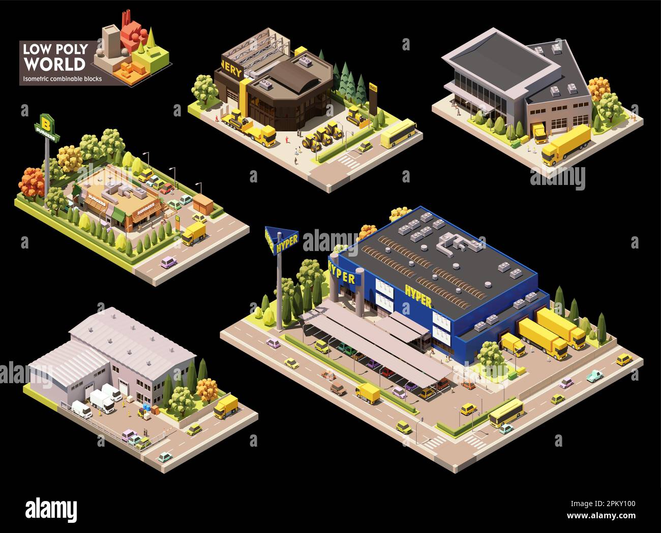Vector Isometric World Map Creation Set Combinable Map Elements Town Or City Commercial Area 