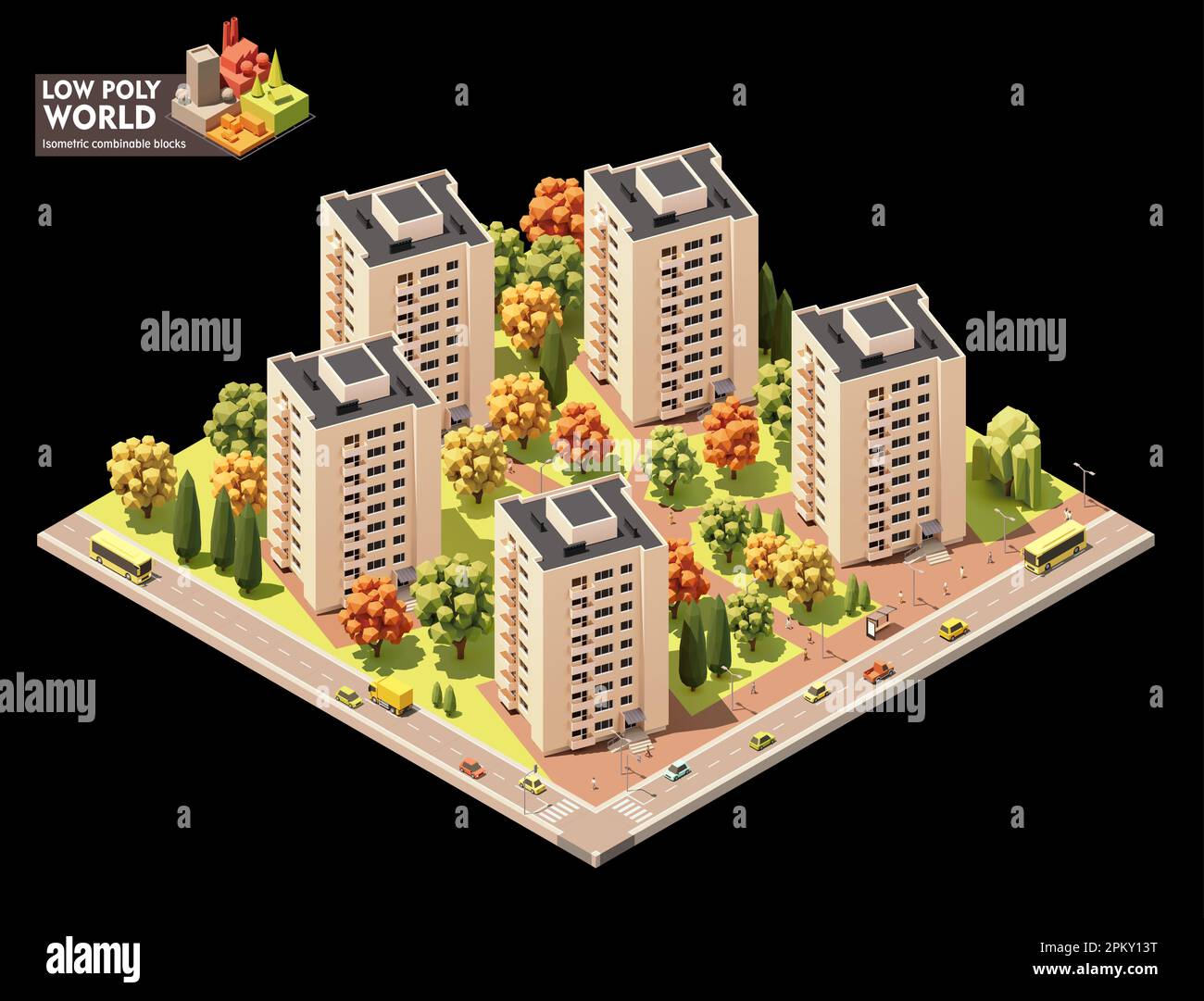 Vector isometric world map creation set. Combinable map elements. Town or city residential area ...