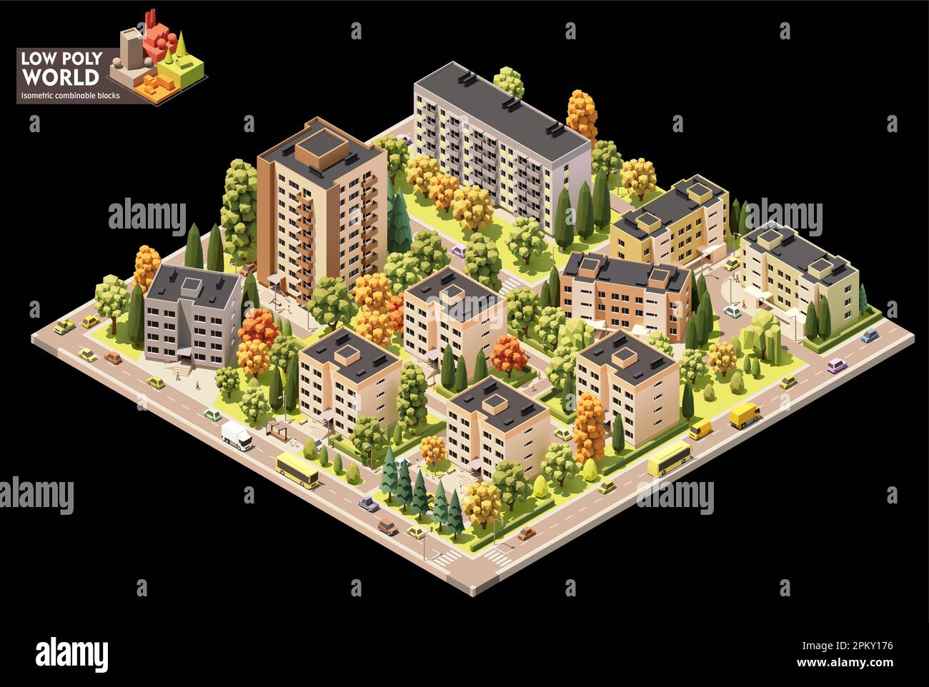 Vector isometric world map creation set. Combinable map elements. Town or city residential area ...
