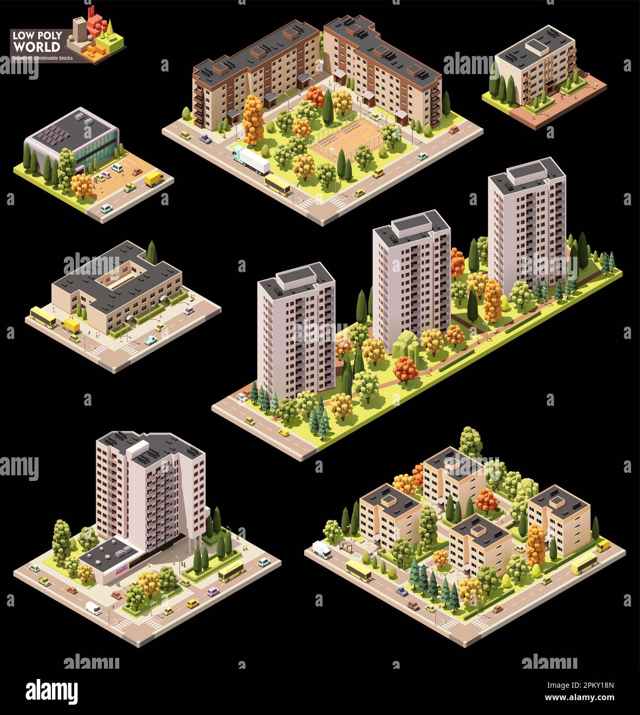 Vector isometric world map creation set. Combinable map elements. Town or city residential area ...