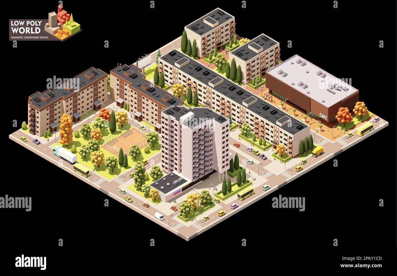 Vector isometric world map creation set. Combinable map elements. Town or city residential area ...