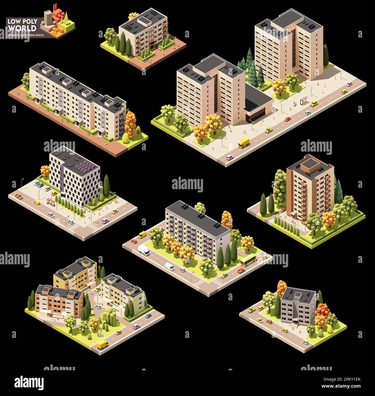 Vector isometric world map creation set. Combinable map elements. Town or city residential area ...