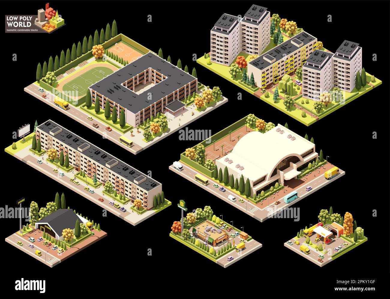 Vector isometric world map creation set. Combinable map elements. Town or city residential area ...