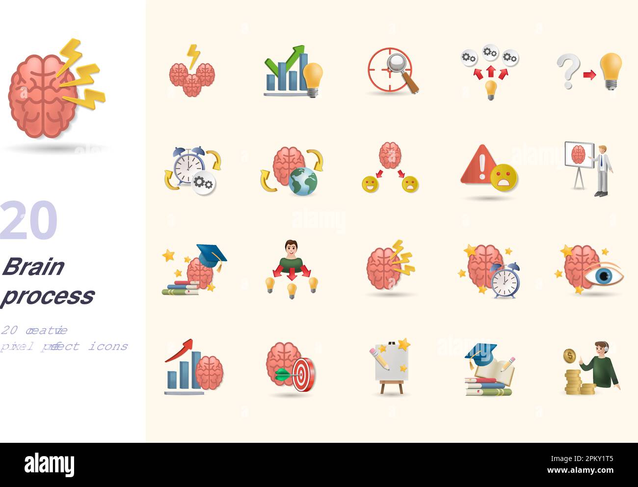 Brain process set. Creative icons: brainstorming, solutions, focus ...