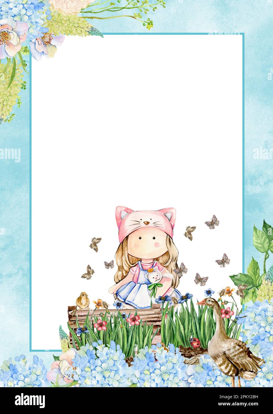 Hand drawn watercolor border template with flowers and Tilda ...