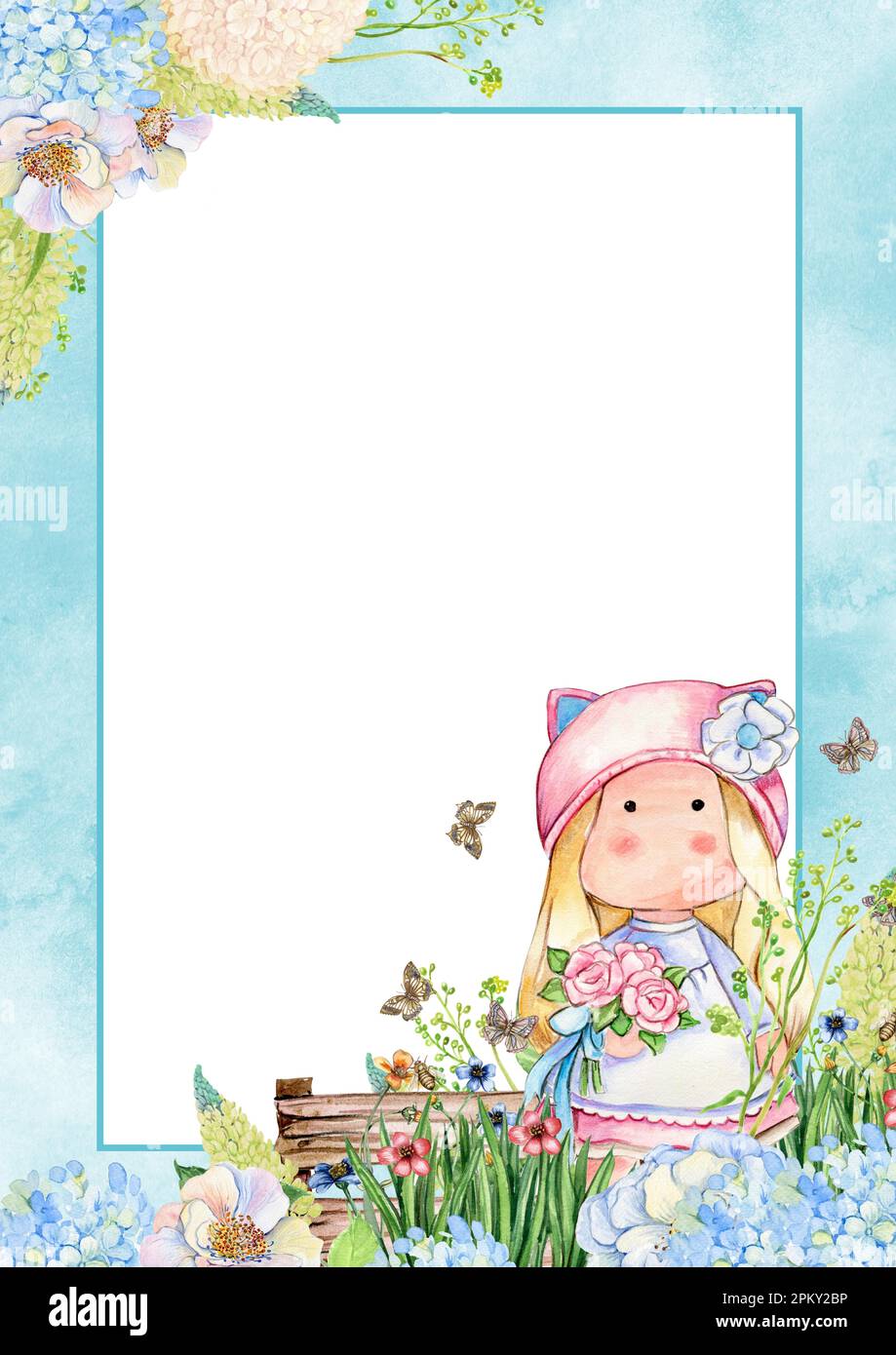 Hand drawn watercolor border template with flowers and Tilda ...