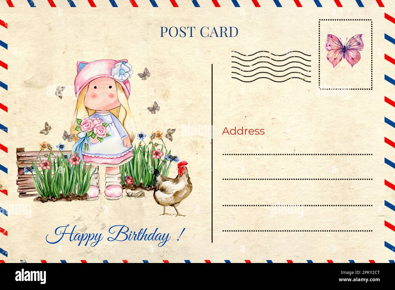 Hand drawn watercolor greetings card with flowers and Tilda ...