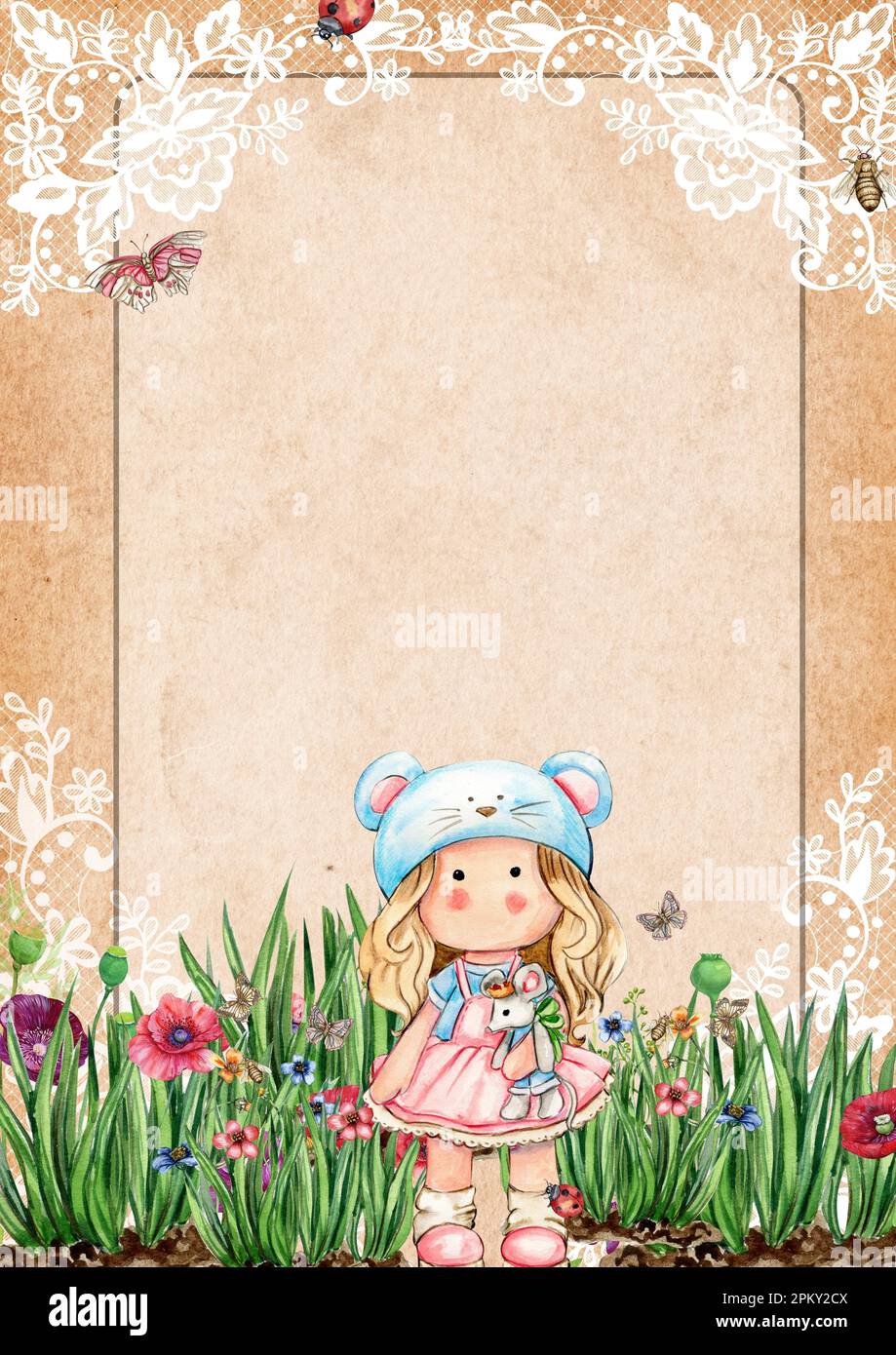 Hand drawn watercolor border template with flowers and Tilda ...