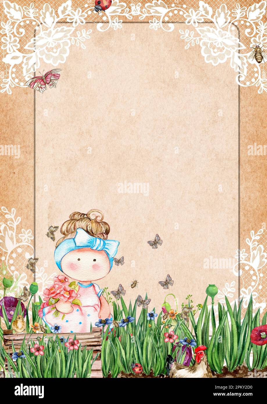 Hand drawn watercolor border template with flowers and Tilda ...