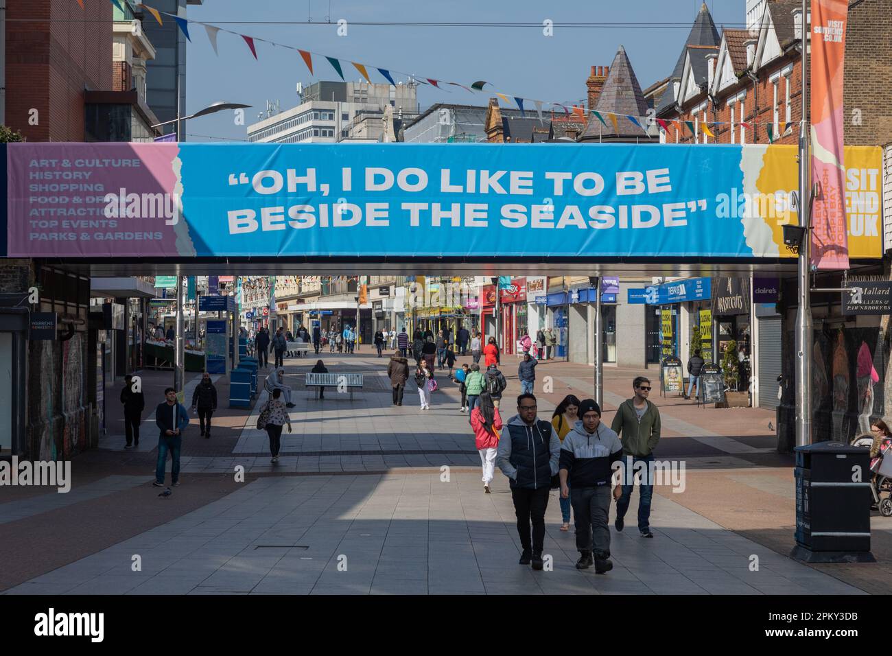 Visit Southend on Sea banner over the High Street on side of railway ...