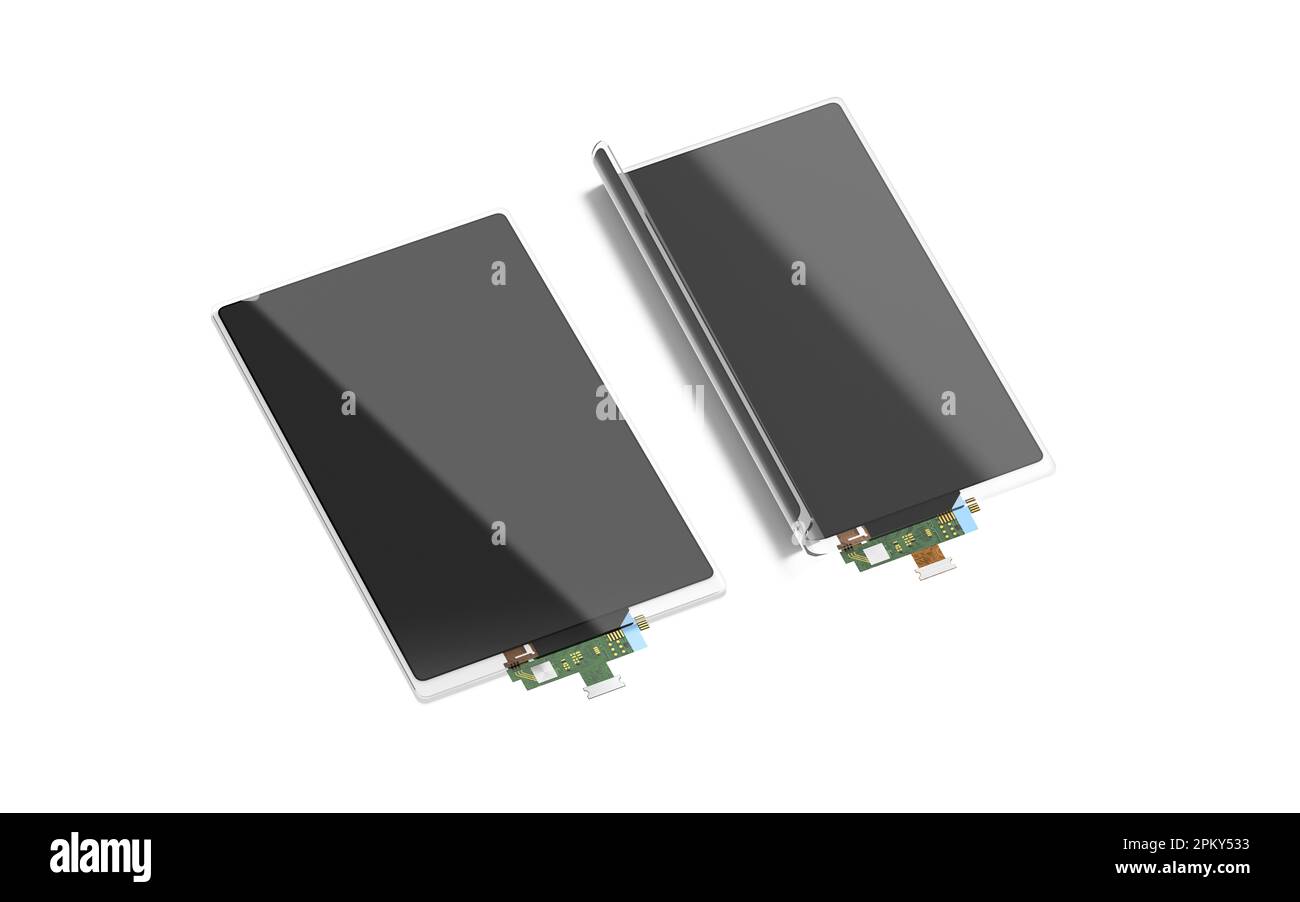 Blank black flexible rectangular display flat and folded mockup ...