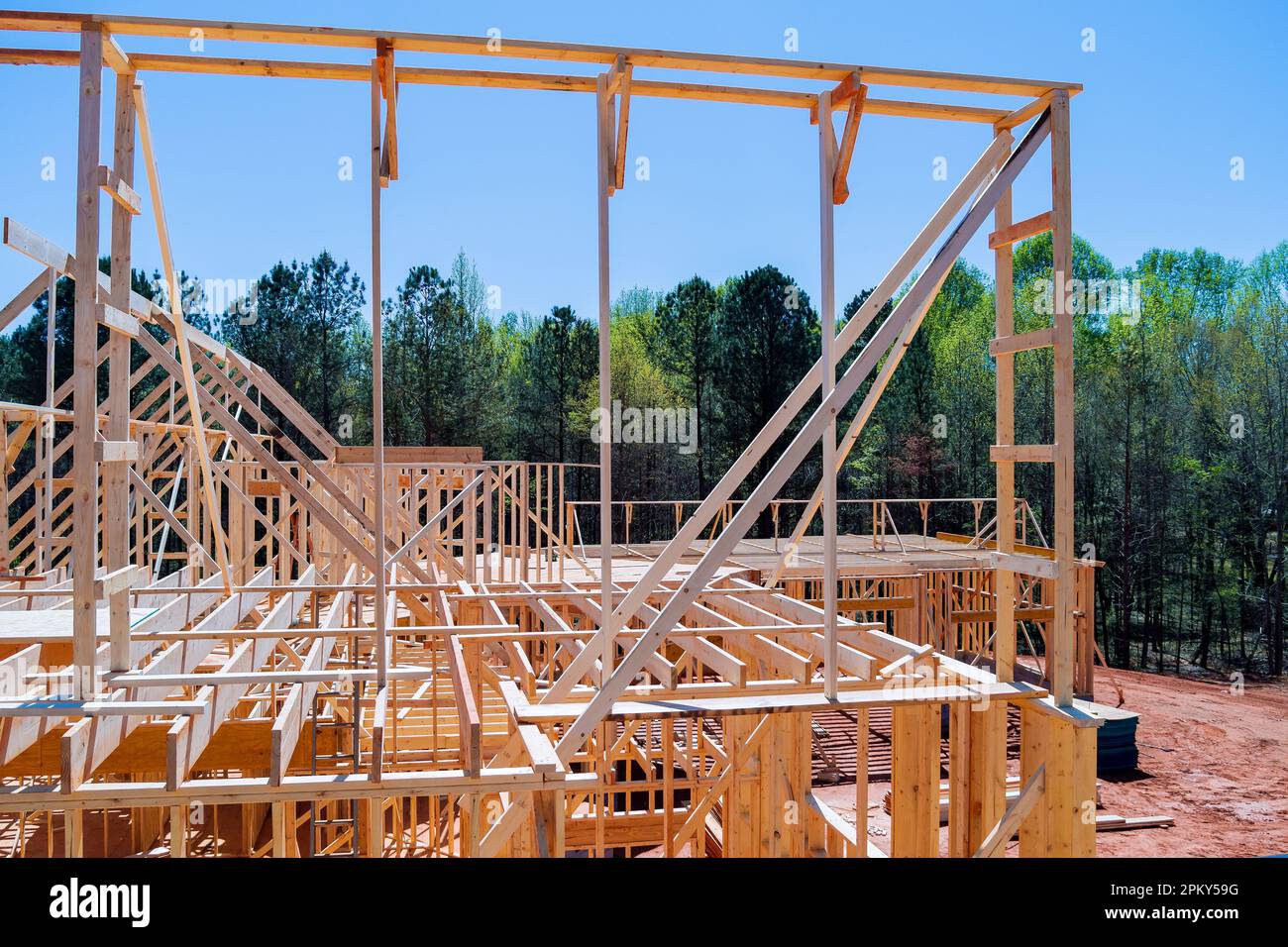 Wooden roof trusses framing during hi-res stock photography and images ...