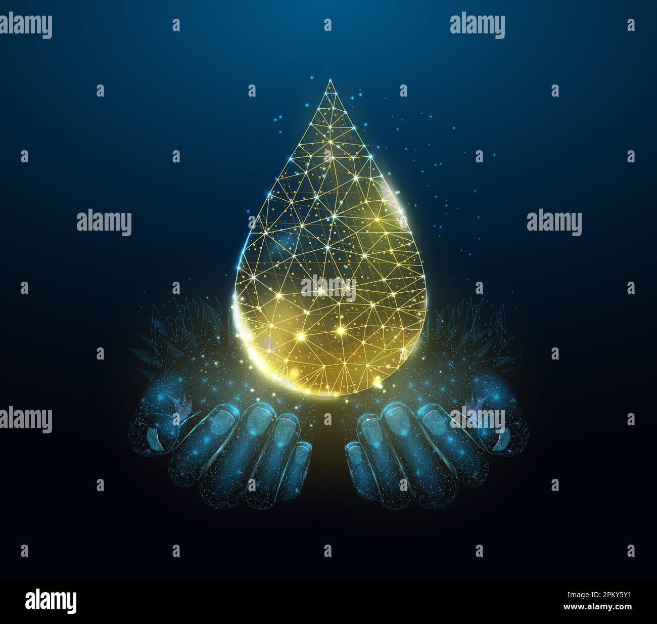 Two human hands are holds oil drop. Wireframe glowing low poly design ...