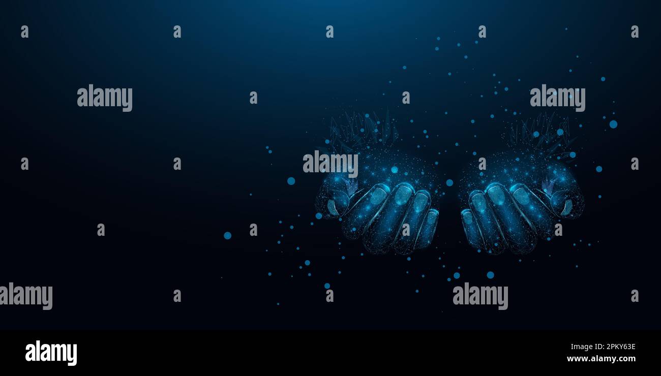 Two human hands. Wireframe glowing low poly hands. Design on dark blue ...