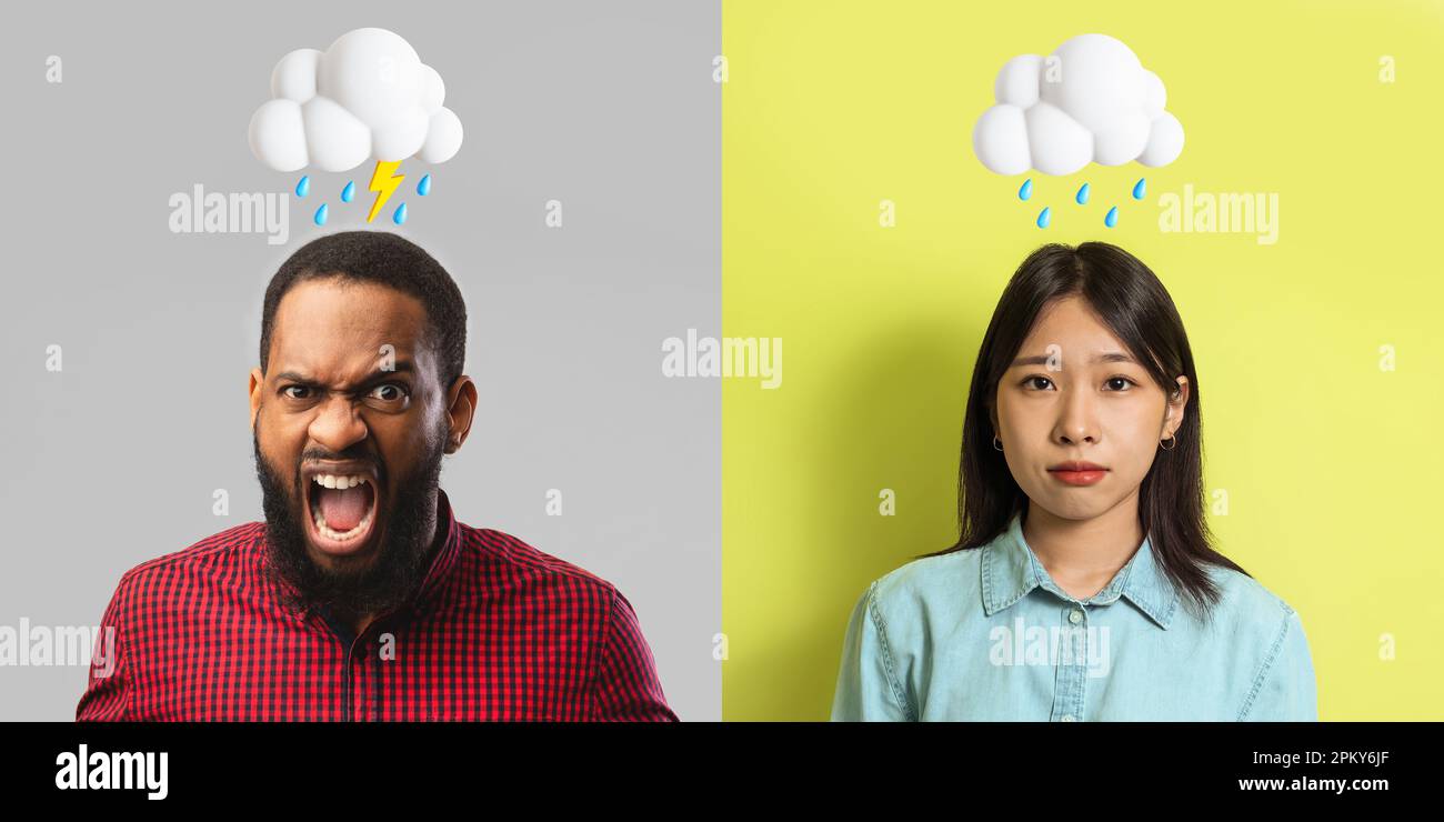Angry sad excited young black guy and asian female with light, cloud ...