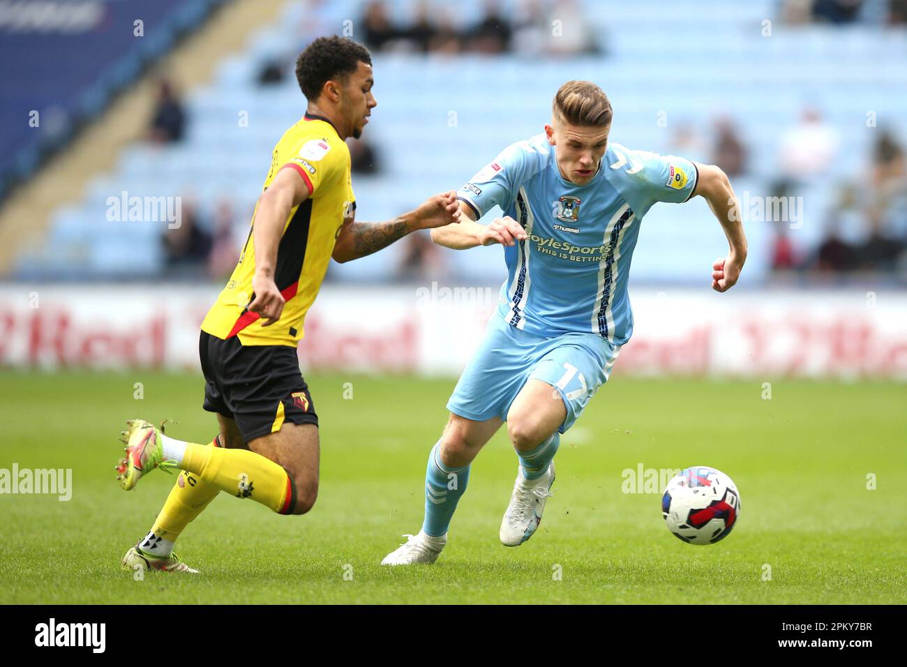 Coventry City's Viktor Gyokeres (left) and Watford's Ryan Porteous ...