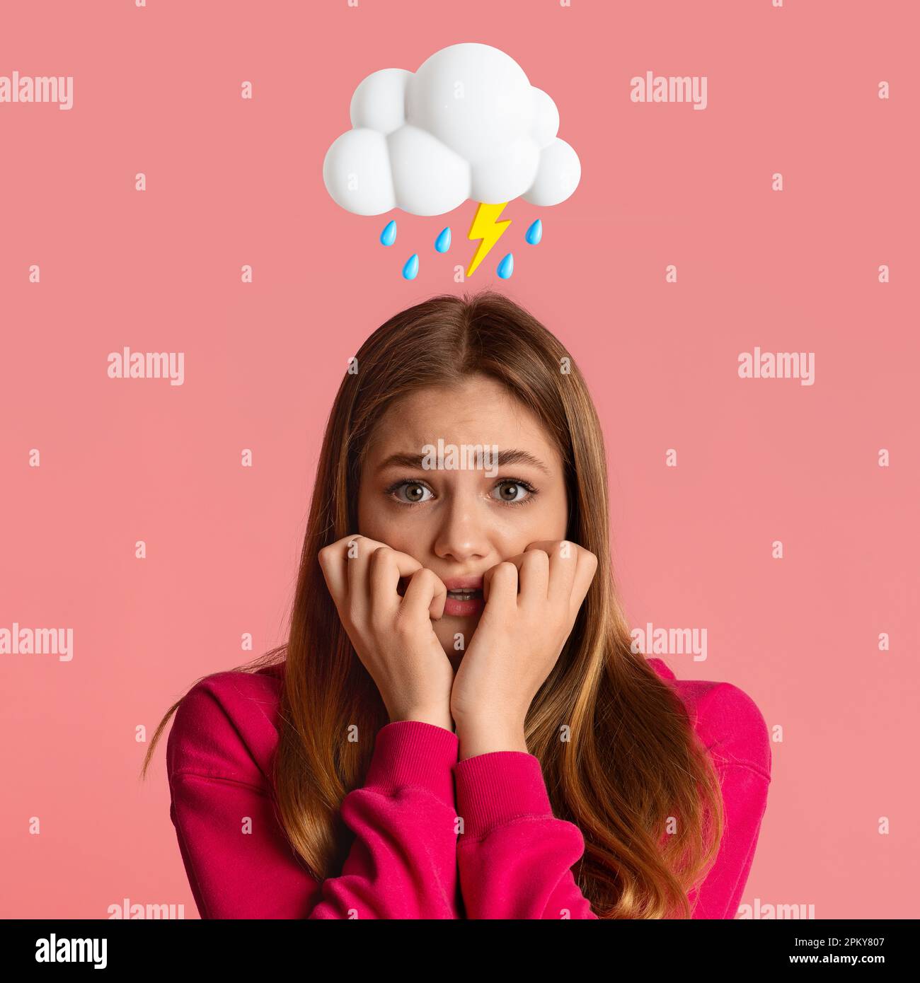 Scared angry sad young european female with abstract cloud of lightning ...