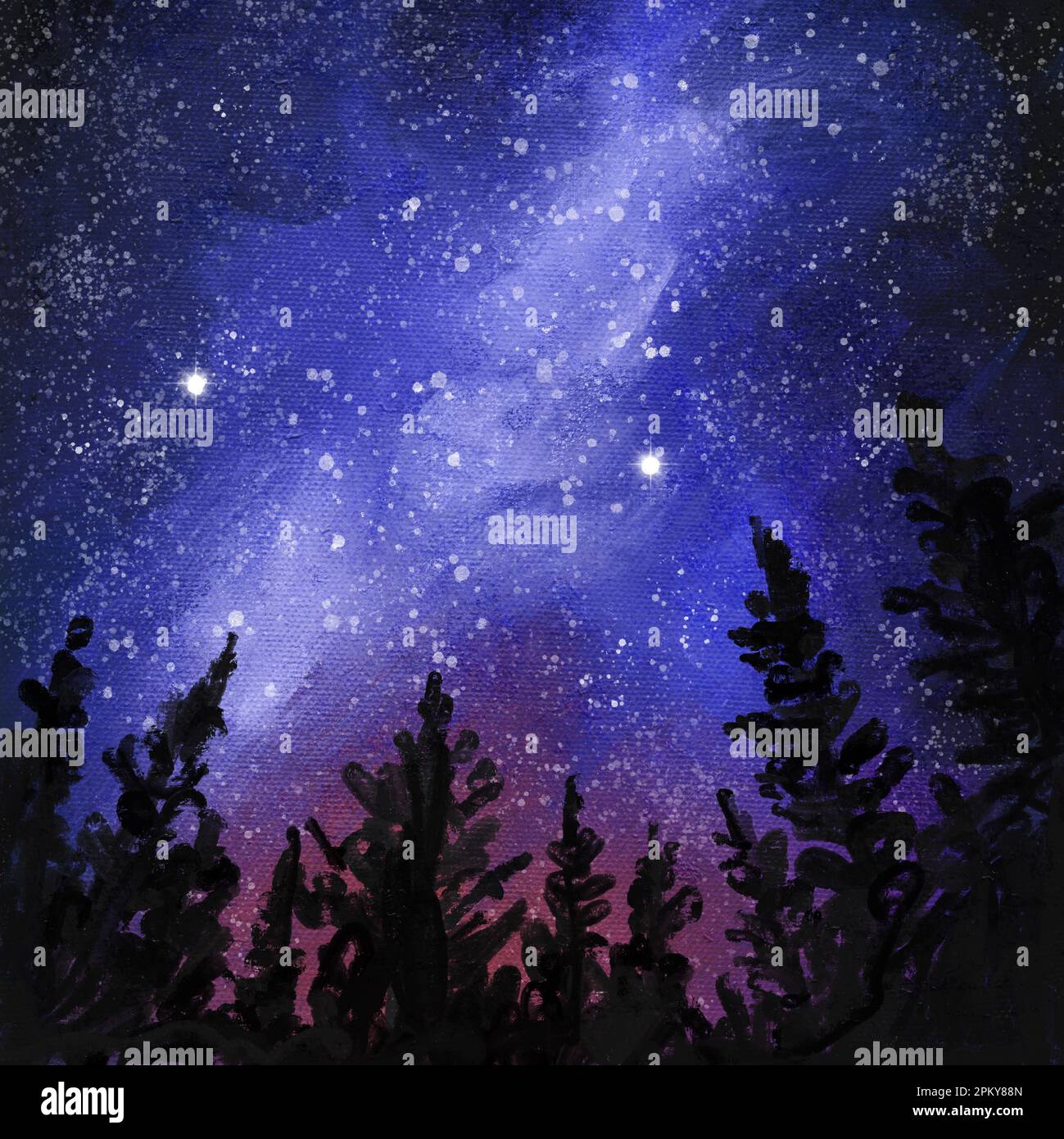 Hand drawn illustration of night stars in forest wood mountains hills ...