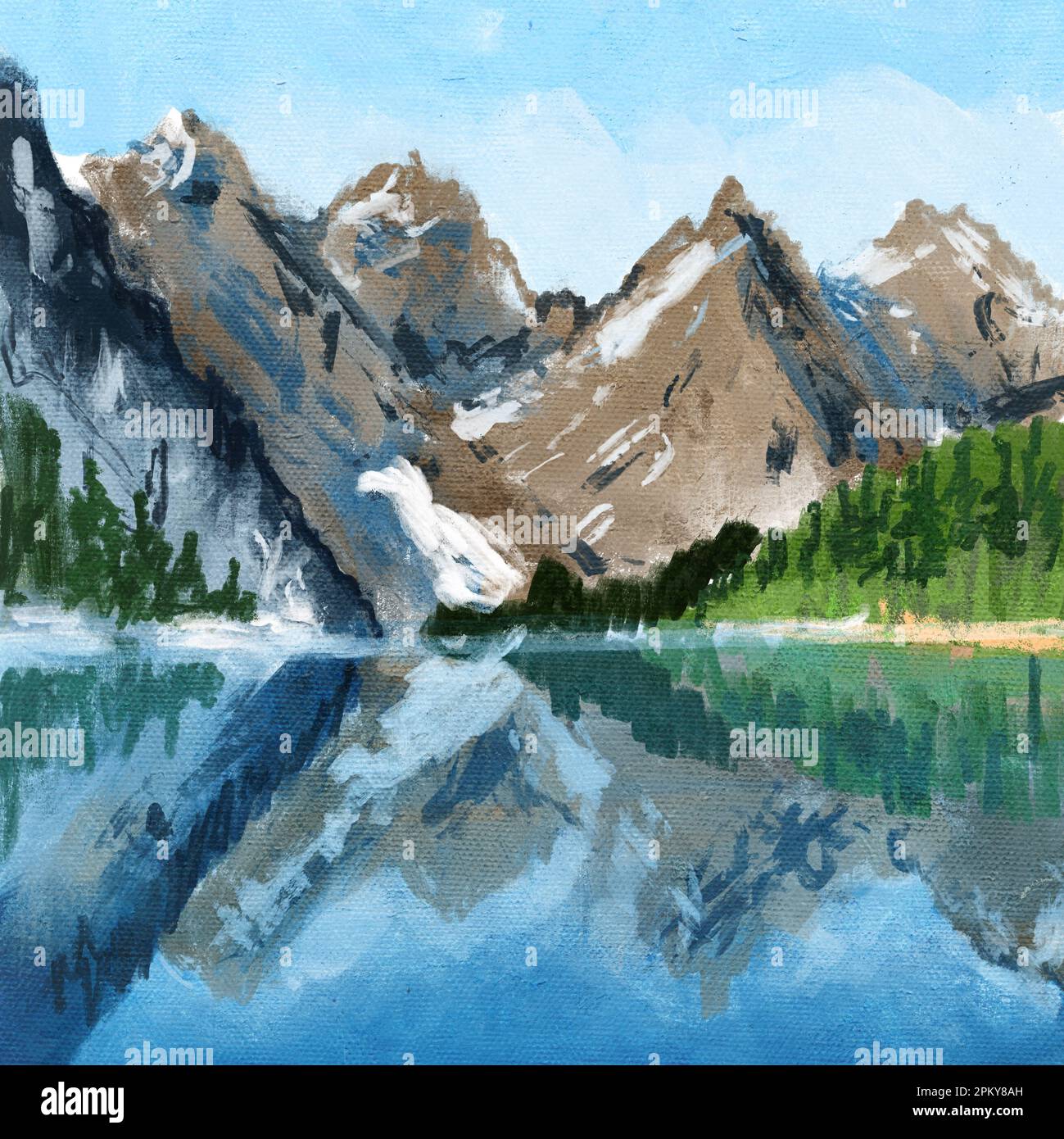 Hand drawn illustration of afternoon midday in forest wood mountains ...