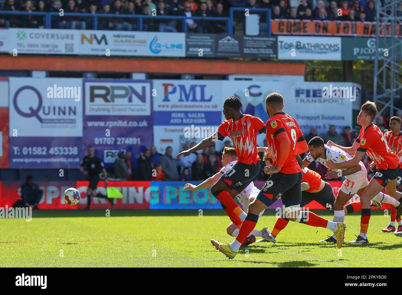 Luton, UK. 10th Apr, 2023. Andy Lyons #24 of Blackpool scores a goal to ...