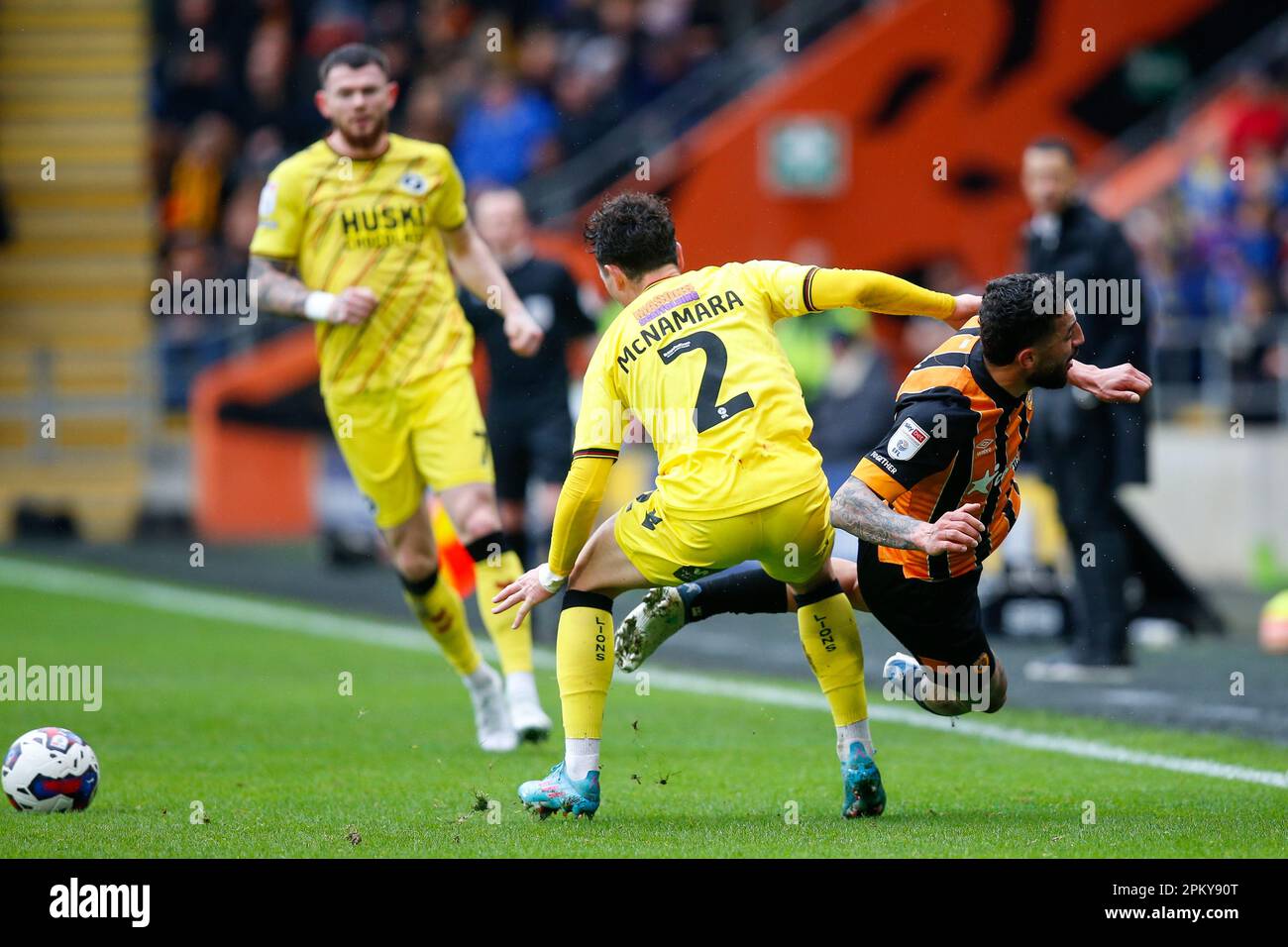 Hull, UK. 10th Apr, 2023. Danny McNamara #2 of Millwall fouls Allahyar ...