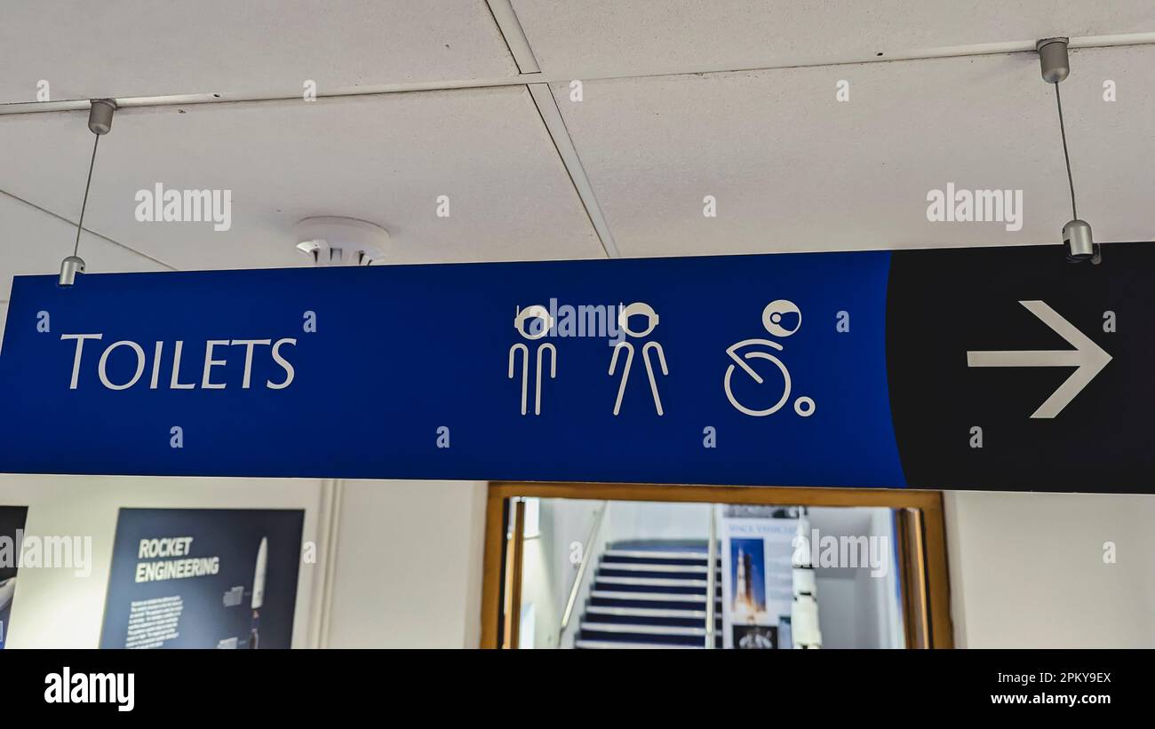 Sign at at a planetarium showing the directions for the toilets, using ...